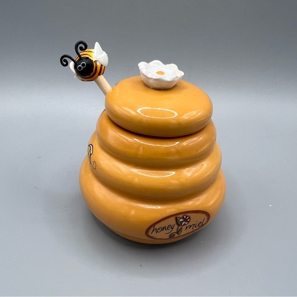 Accents | Mini Beehive Honey Pot Ceramic Jar With Wood Dipper With Bee ...